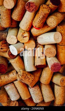 Old Used corks plugs from various types of wine on dark background ...