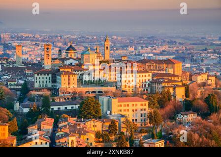aerial view of Piazza Vecchia in Bergamo Alta, Italy, showing the white ...
