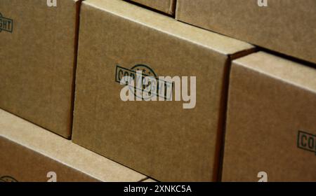 Trademark stamp printed on cardboard box. Trade mark intellectual ...