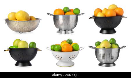 Different colanders with fresh fruits isolated on white, set Stock ...