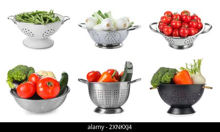 Different colanders with fresh vegetables isolated on white, set Stock ...