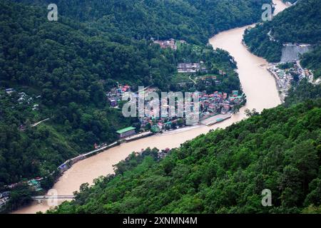 Aerial view of River Tista, The Teesta River originates in the ...