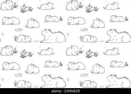 Vector black and white capybara seamless pattern. Cute line repeat ...