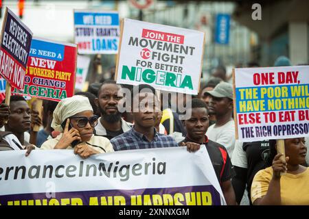 LAGOS, NIGERIA - AUGUST 1: Protesters captured marching towards Ojota ...