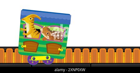 Cartoon funny looking colorful wagon with dino dinosaur animal lizard ...