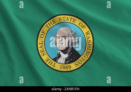 Washington US state flag depicted on folded wavy fabric of old cloth ...