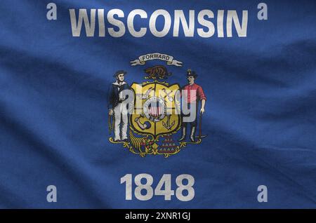 Wisconsin US state flag depicted on folded wavy fabric of old cloth ...