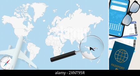 Guinea is magnified over a World Map, illustration with airplane ...