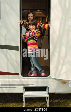 Family vacation, RV travel with kids, happy mother with children have ...