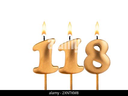 Golden number 118 birthday candle on white background Stock Photo - Alamy