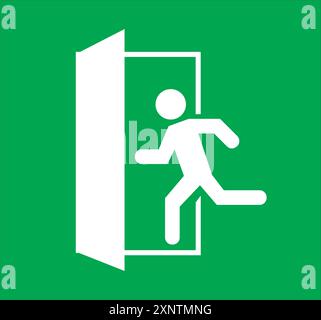 Emergency exit sign, running man icon to door, green color, arrow vector, warning sign plate ...