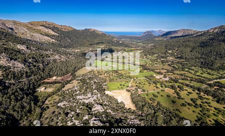 Aerial of the beautiful valley behind Pollenca, Mallorca, Balearic ...