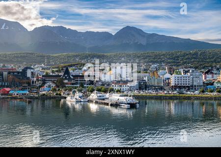 Aerial of Ushuaia, Beagle Channel, Tierra del Fuego, Argentina, South ...