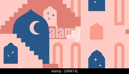 Moroccan red city wall with arch, window, gate. Arabic style landscape ...