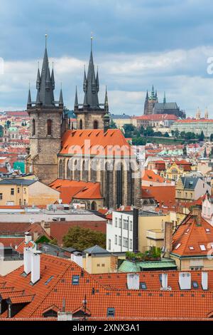 Prague city, aerial view of the city of Prague with the twin-spired Tyn ...