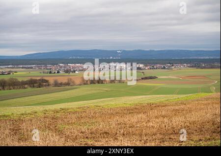 Cityscape of Schaafheim, with agricultural fields in the front and ...