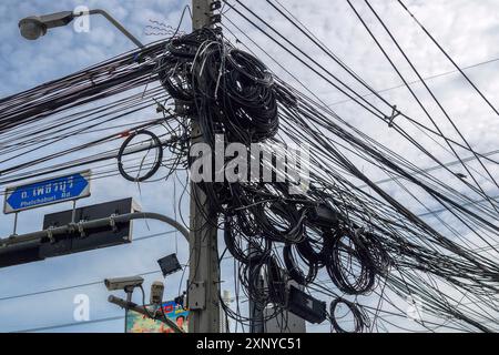 Power lines signpost Lat Krabang Road, Bangkok, Thailand Stock Photo ...