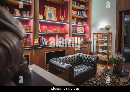 Luxurious Hotel Library with Chesterfield Sofa and Elegant Decor Stock ...