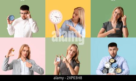 Set of business people with clocks on color background. Time management ...