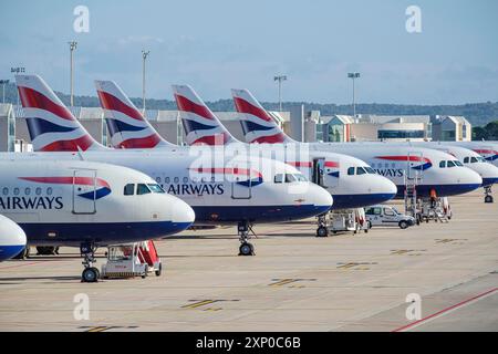 Fleet of parked aircraft, Palma airport, Mallorca, Balearic Islands ...
