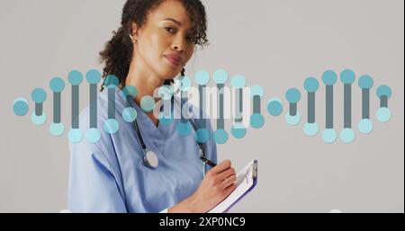 Writing on clipboard, nurse with DNA strand image over gray background ...