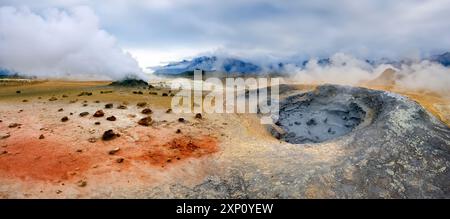 Steaming volcanic fumarole, boiling mud pit and mineral stained earth ...