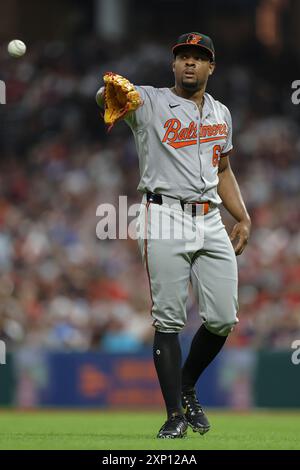 Baltimore Orioles pitcher Gregory Soto smiles after an inning ending ...