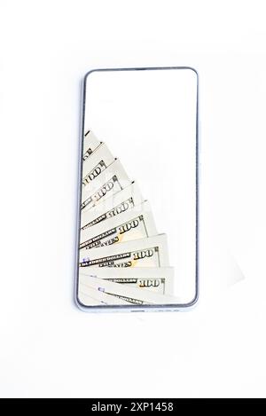 Smart phone and US one hundred dollar lock by phone screen isolated on ...