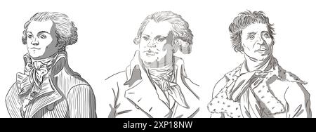 Portraits of Robespierre, Danton and Marat, men of the french ...