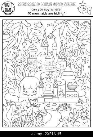 Mermaid vector black and white searching game with sea lagoon landscape ...