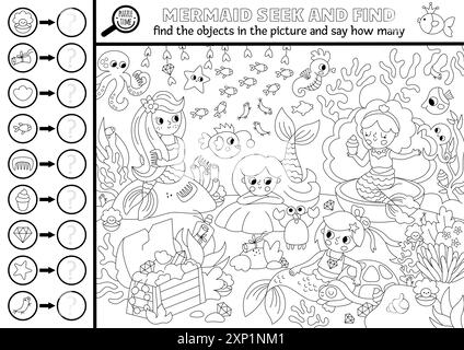 Mermaid vector black and white searching game with sea lagoon landscape ...