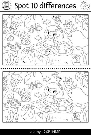 Find differences game. Mermaid black and white educational activity ...