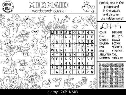 Vector black and white fairytale wordsearch puzzle for kids. Simple ...
