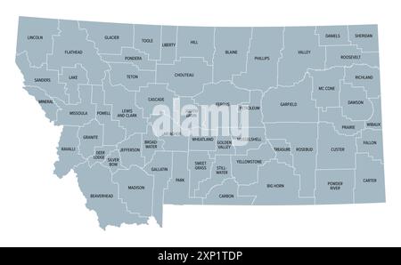 Montana, U.S. state, subdivided into 56 counties, political map with ...