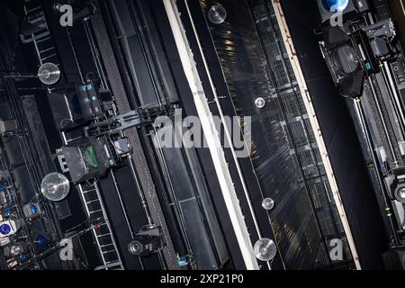 Theater stage rigging with theatrical equipment, lighting, supports ...