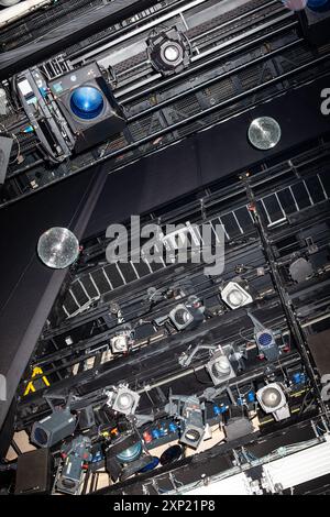 Theater stage rigging with theatrical equipment, lighting, supports ...
