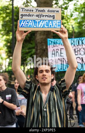 London, UK. 03 August 2024. Trans rights activists from ‘Trans Strike ...