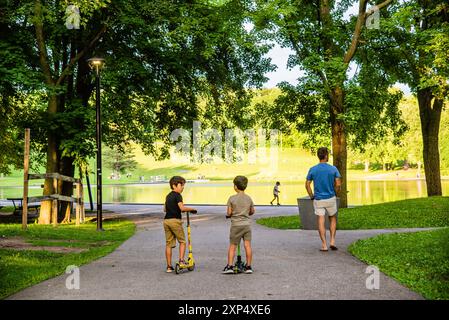 Montreal, Canada - July 14 2024: Castor Lake on the top of Mont Royal ...