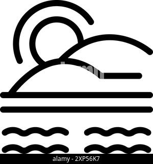 Rising sun over ocean water level. Blue waves. Simple shapes and ...