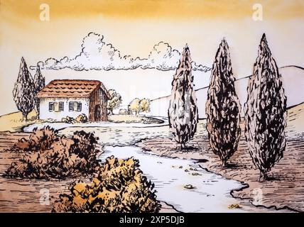 Ink and watercolor drawing of a typical mediterranean rural landscape ...