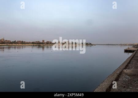 Evening view of the Nile river, from west bank, Sohag(Suhag,Suhaj) city ...