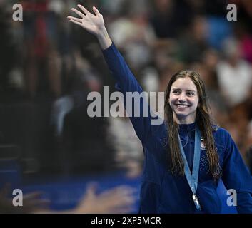 Silver medalist Kate Douglass of the United States celebrates on the ...
