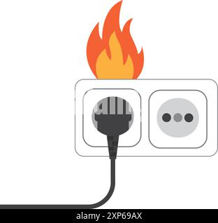 Fire wiring. Socket and plug on fire from overload. Electrical safety ...