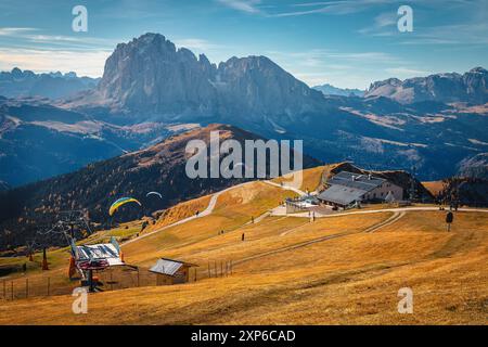 Seceda cable car in the Dolomites, ropeway to the mountain Seceda ...