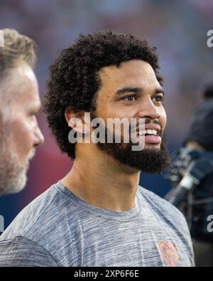 Chicago Bears' Caleb Williams talks after an NFL football game against ...
