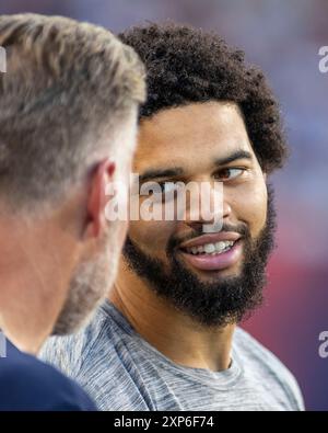 Chicago Bears' Caleb Williams talks after an NFL football game against ...