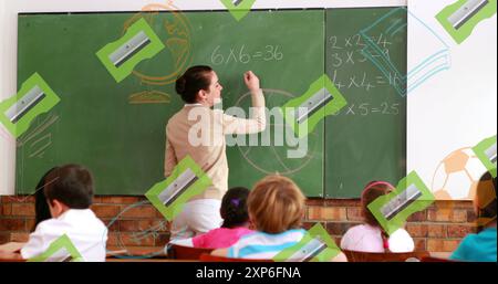 Image of falling school supplies over diverse school kids in class at ...
