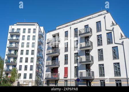 Modern white apartment blocks with balconies in Berlin, Germany, Europe ...
