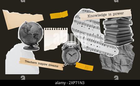 Alarm clock collage element, black and white illustration vector Stock ...