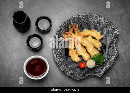 Crispy Japanese Ebiten deep fried Shrimp Tempura on grey background ...